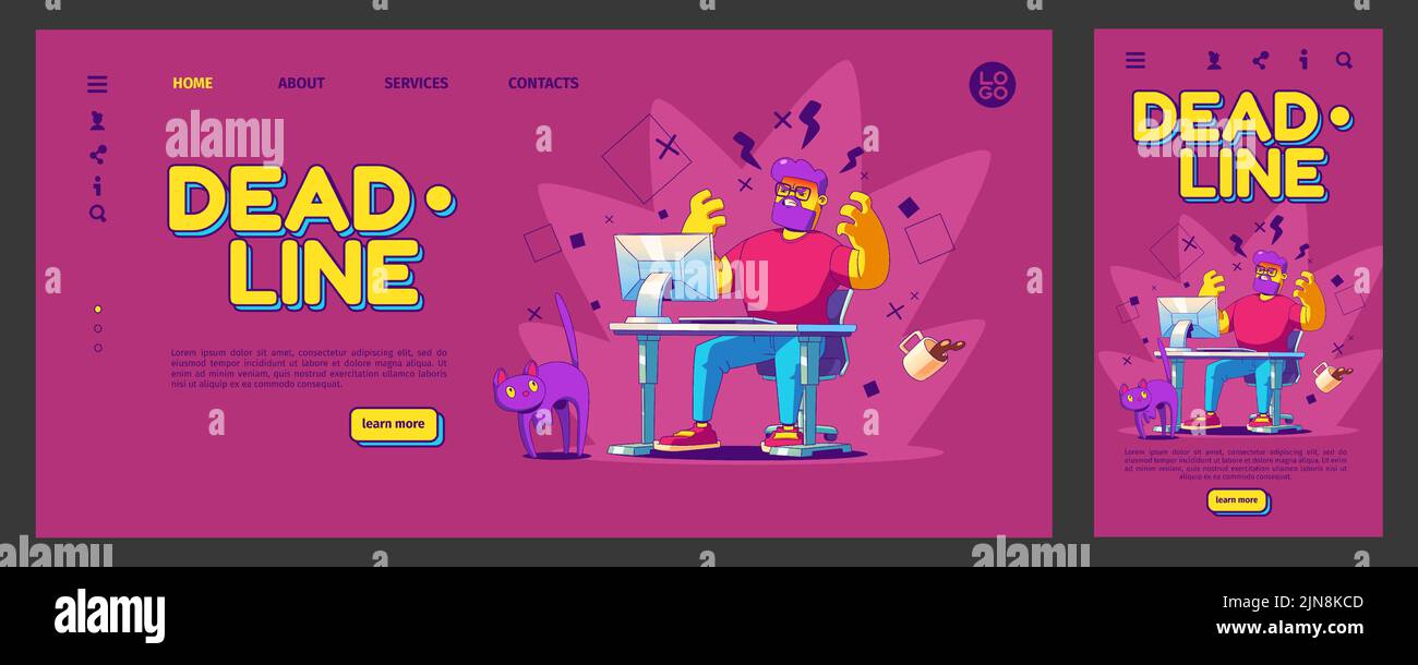 Deadline banner with angry man work on computer. Vector responsive ...
