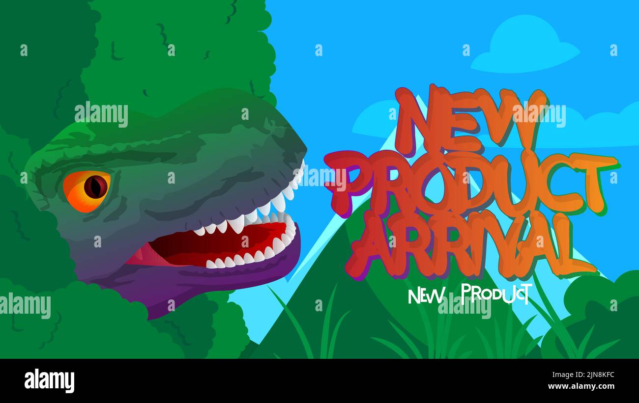 Dinosaur with speech bubble saying New Product Arrival word ...