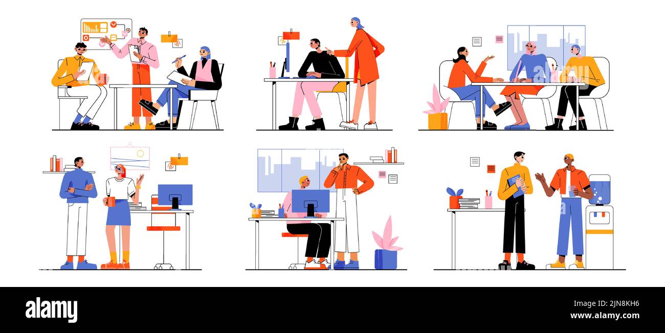 Office scenes with business people at their work space, meeting at ...