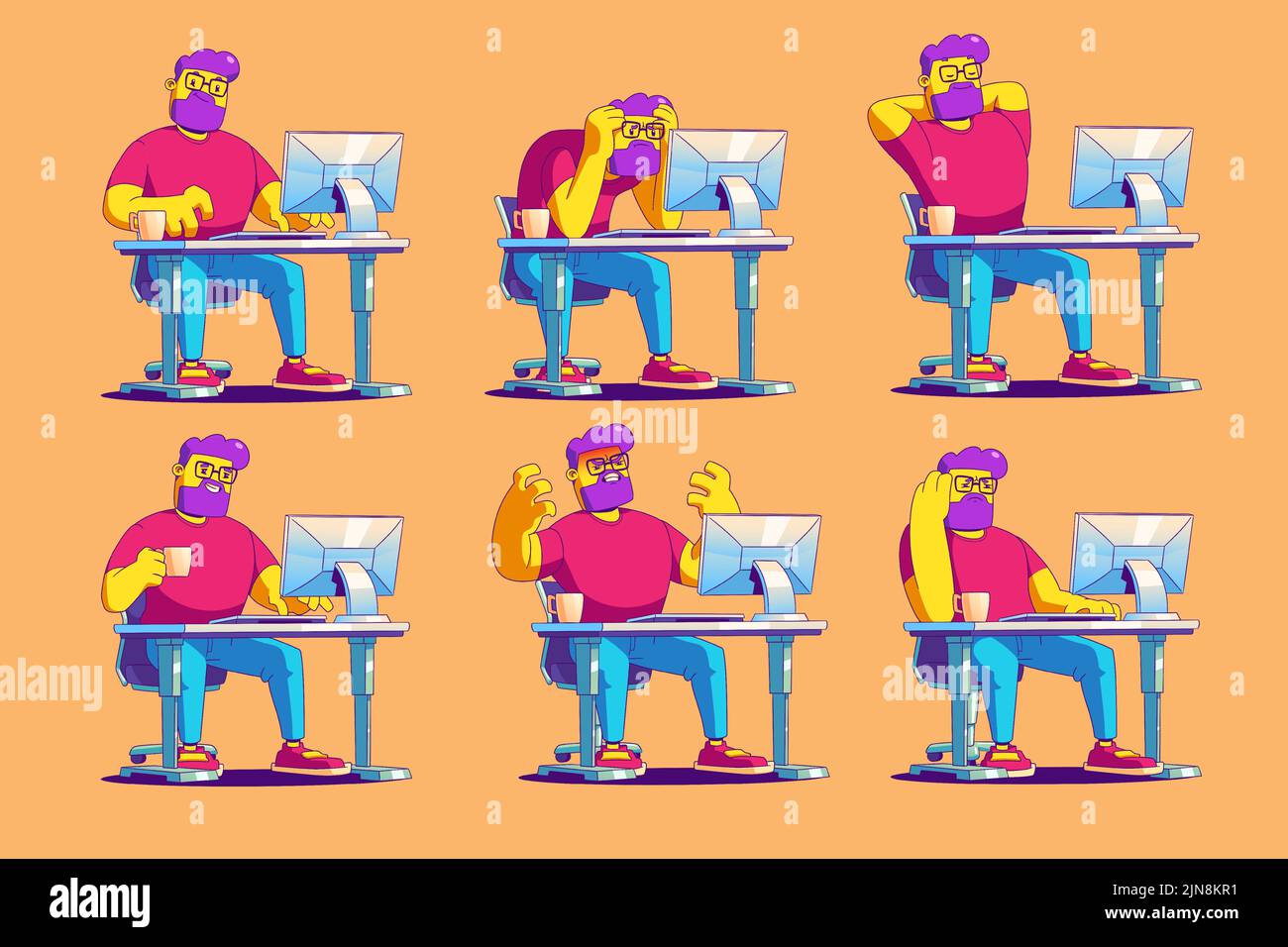 Office worker different emotions and activities. Young man sitting at ...