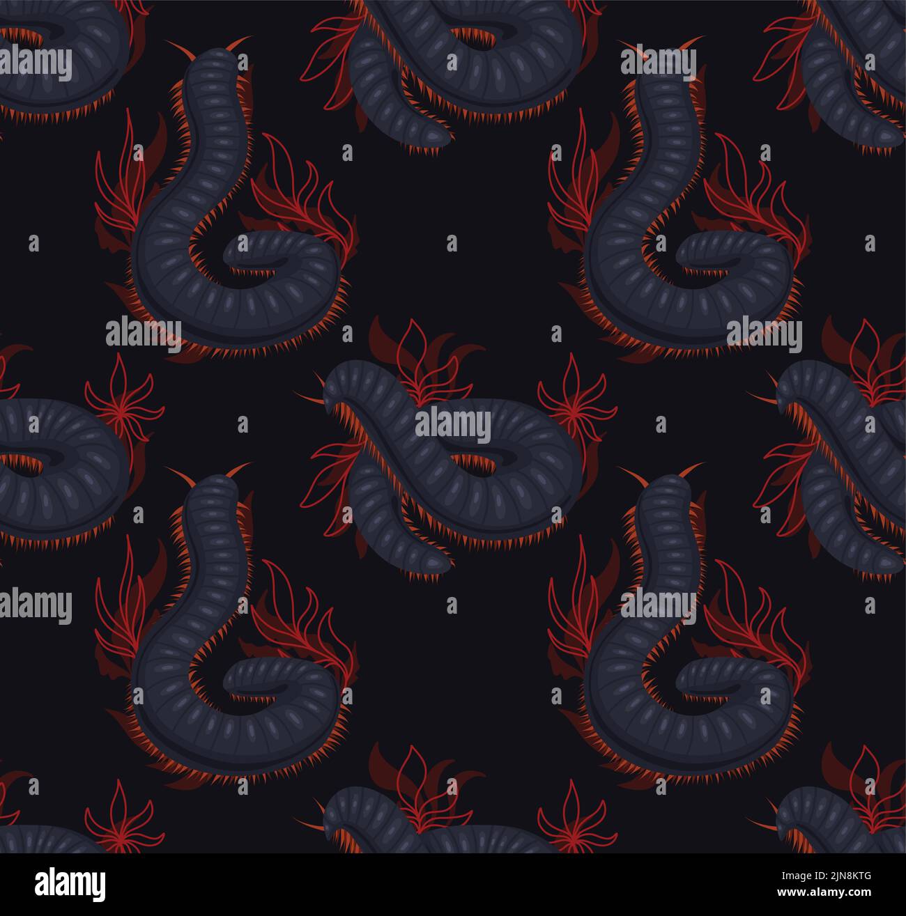 Seamless pattern with scary centipedes with foliage and leaves on dark ...