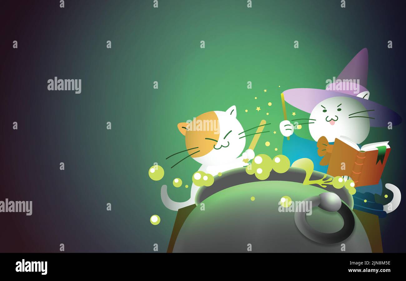 Cute Halloween cats disguised as wizards or witches making a potion in ...