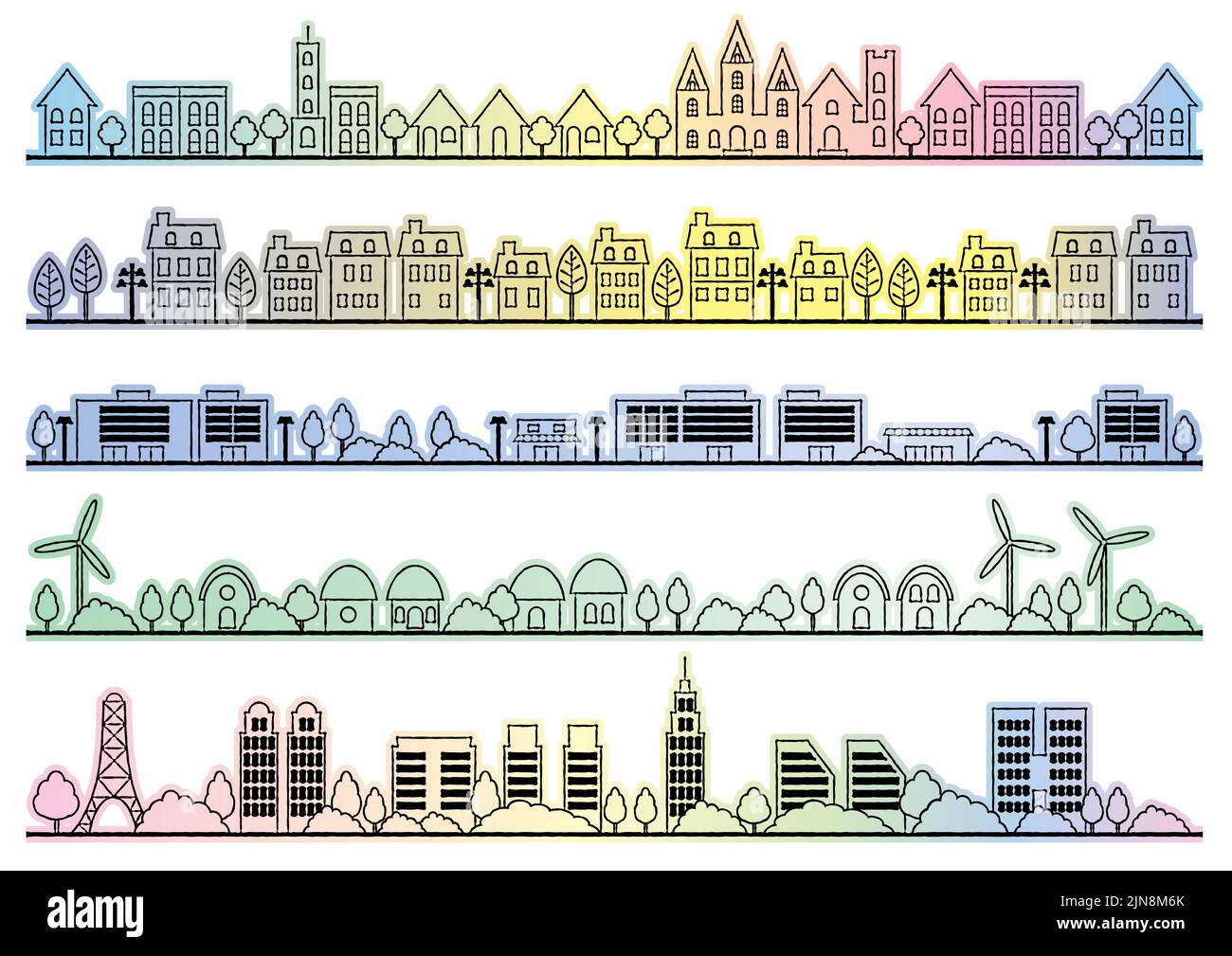 Simple Townscape Drawing Set Isolated On A White Background. Vector ...