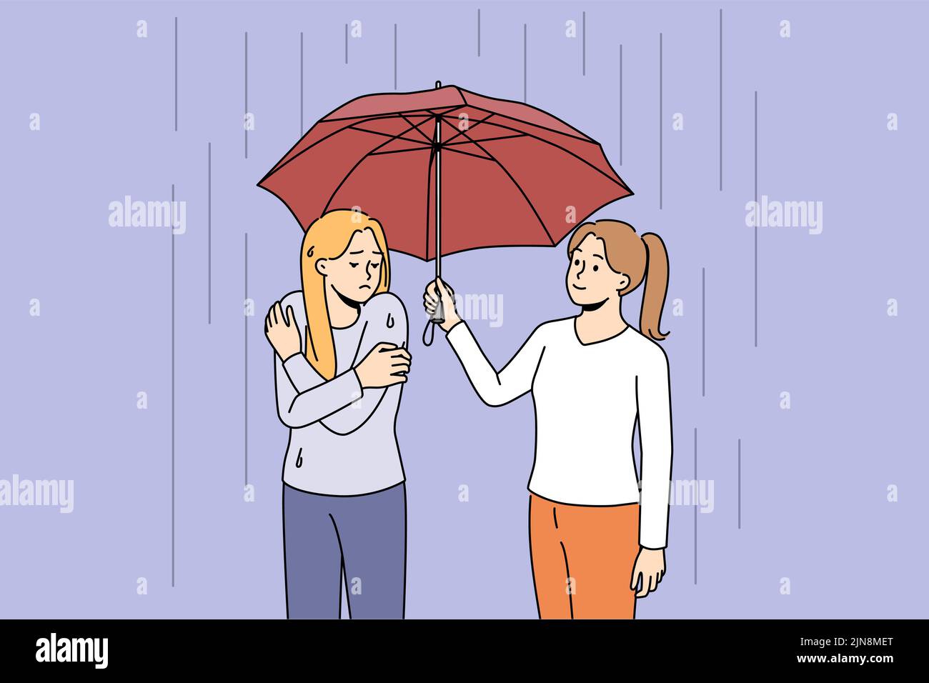 Happy caring woman help unhappy wet friend share umbrella. Smiling ...