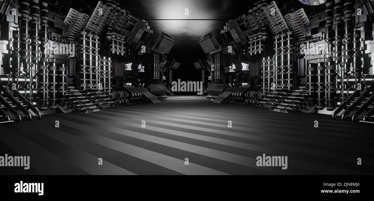 Futuristic Empty Hall Industrial with Reflective Floors 3D Render Stock ...