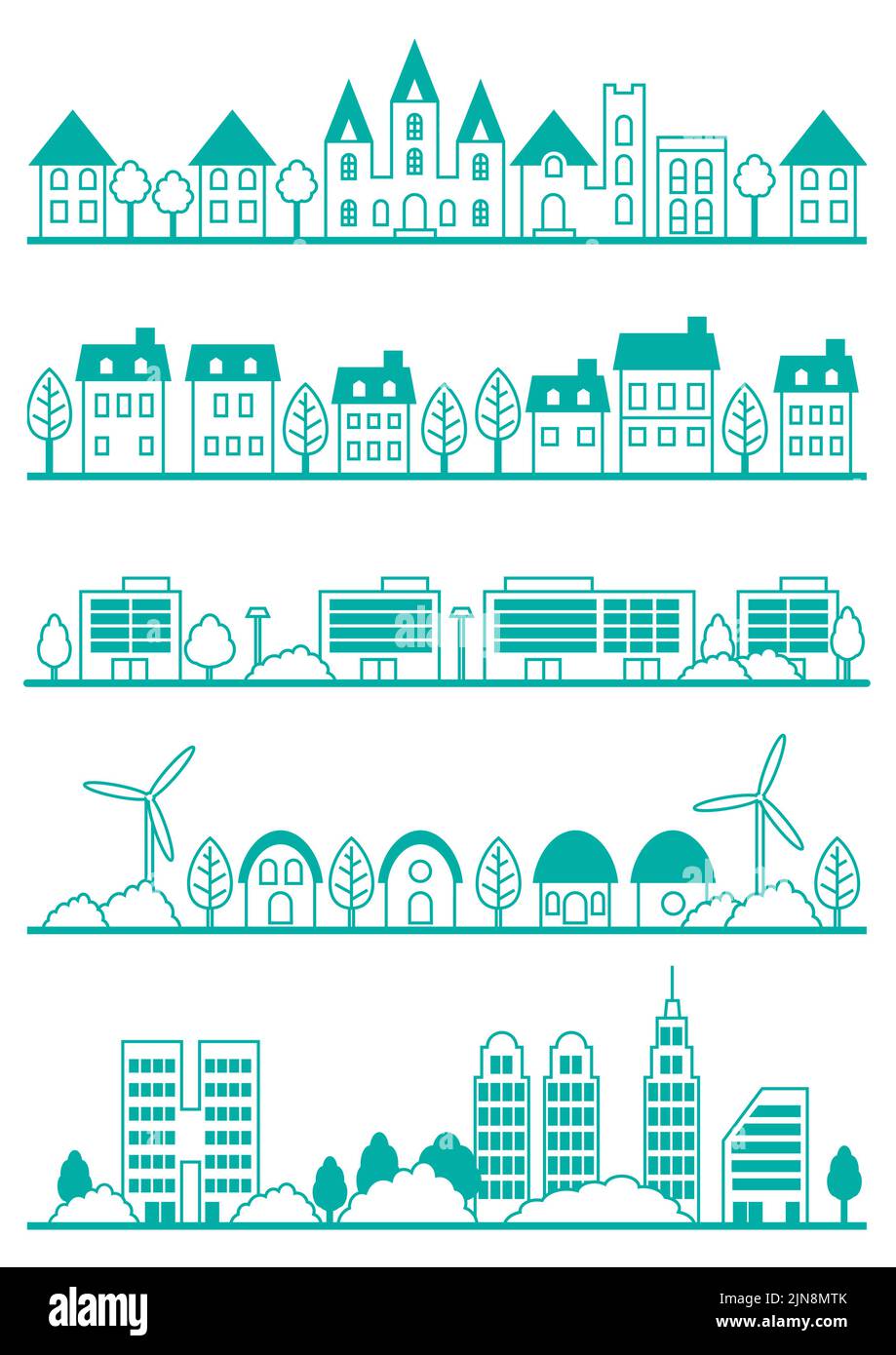 Set Of Simple Townscape Line Drawings Isolated On A White Background ...
