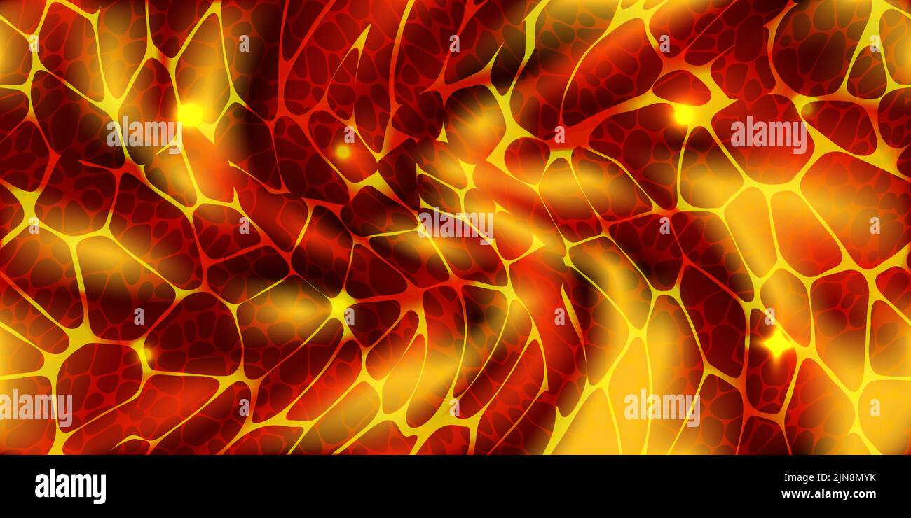 Seamless pattern of glowing magma surface or volcano lava river top view. Abstract vector ...
