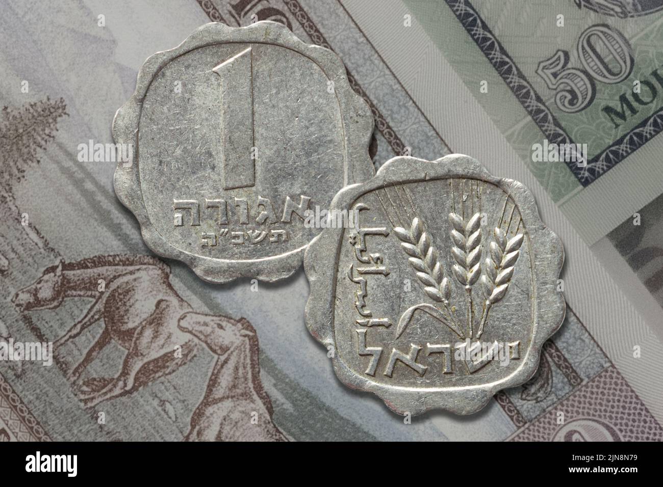 The Israeli shekel coin obverse and reverse on banknote Stock Photo - Alamy