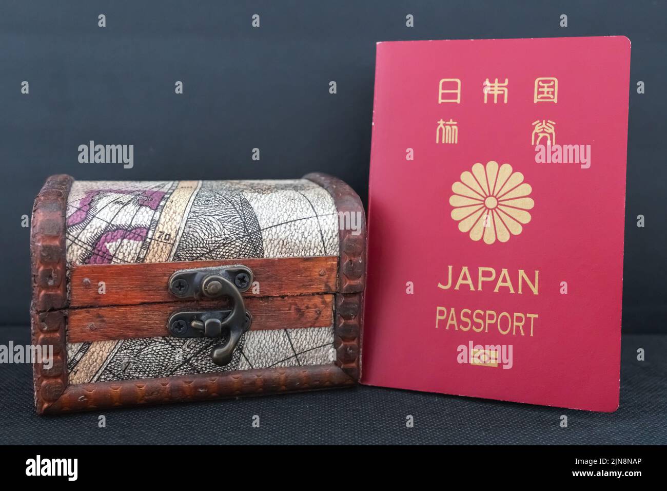 A photo of Japanese passport and vintage treasure box, the concept of ...