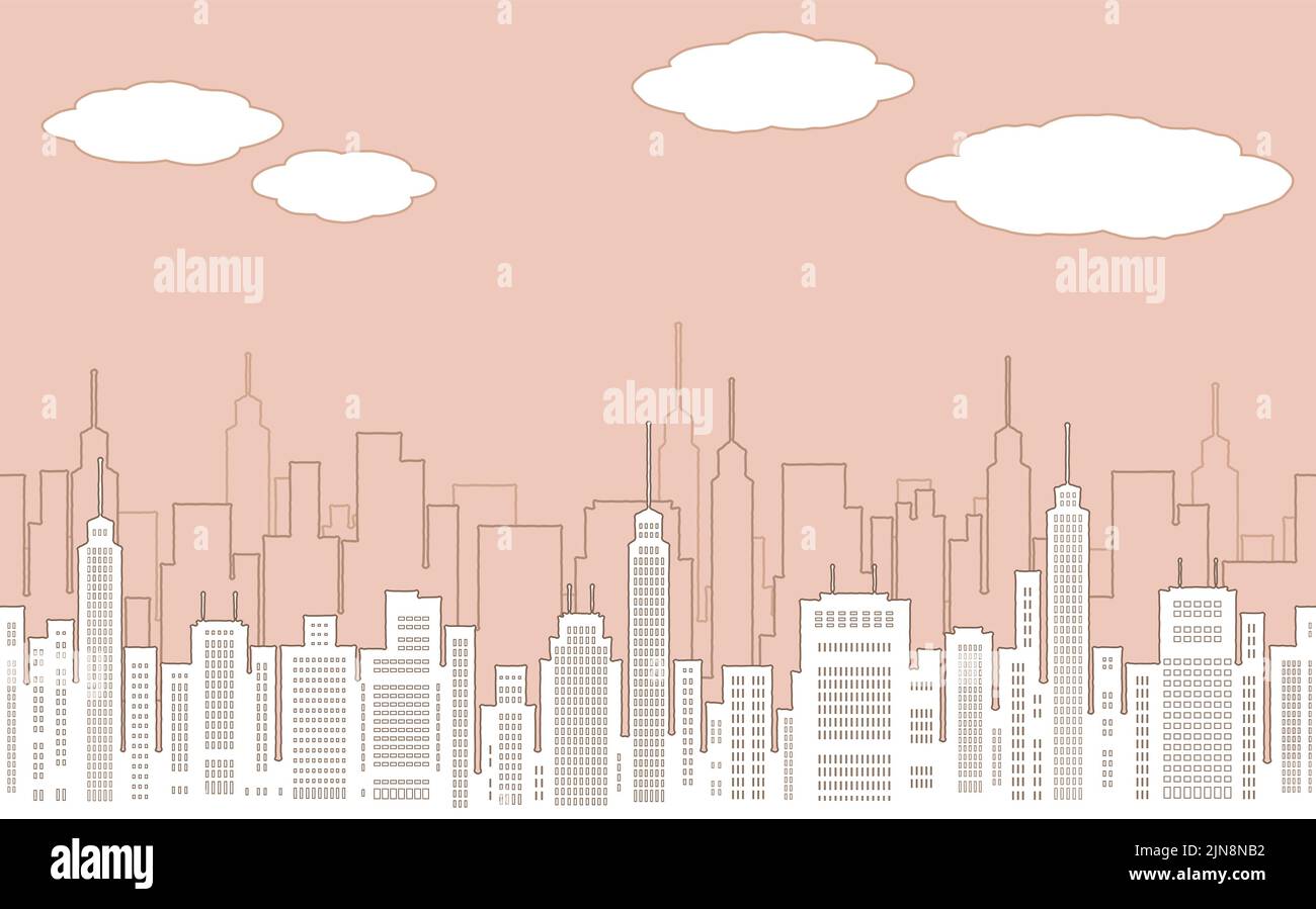 Seamless Cityscape At Sunset Flat Drawing With Skyscrapers, Vector ...