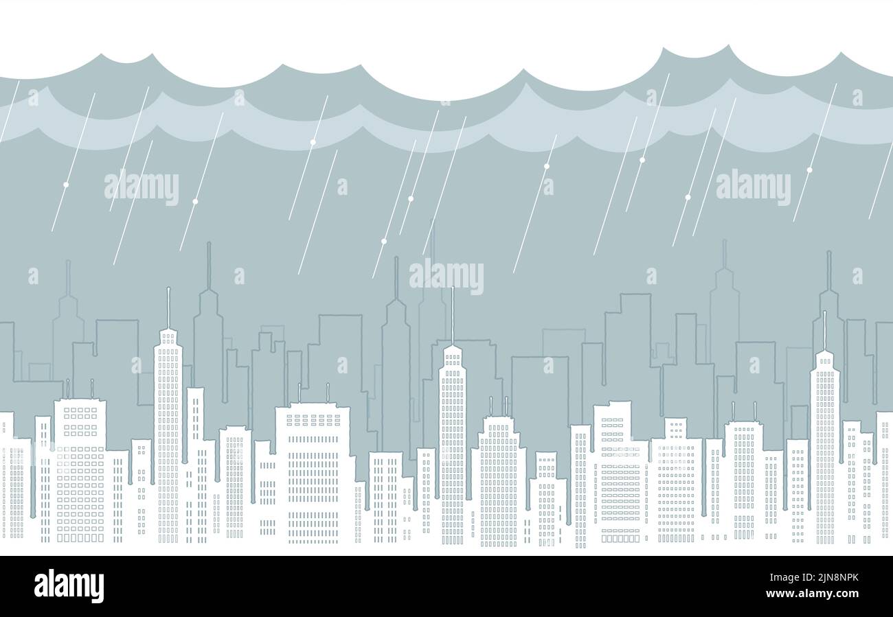 Seamless Cityscape In The Rain Flat Drawing With Skyscrapers, Vector ...