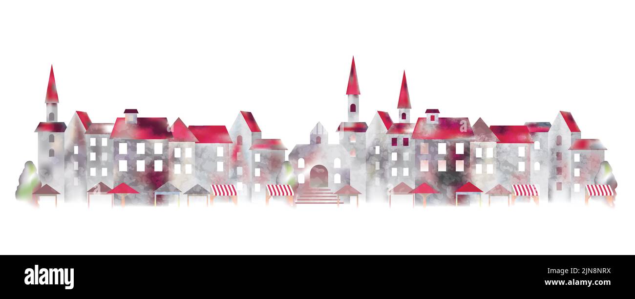 Watercolor European Townscape Isolated On A White Background. Vector ...