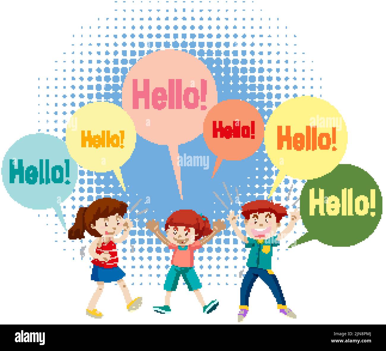 Hello speech bubbles with cartoon character illustration Stock Vector ...