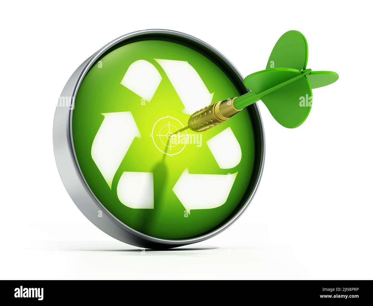 Dart needle hit at the center of target with recycle symbol. 3D ...