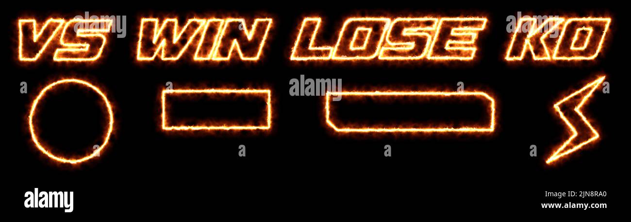 Vs, win, lose, ko text and frame elements, fire flame style on black ...