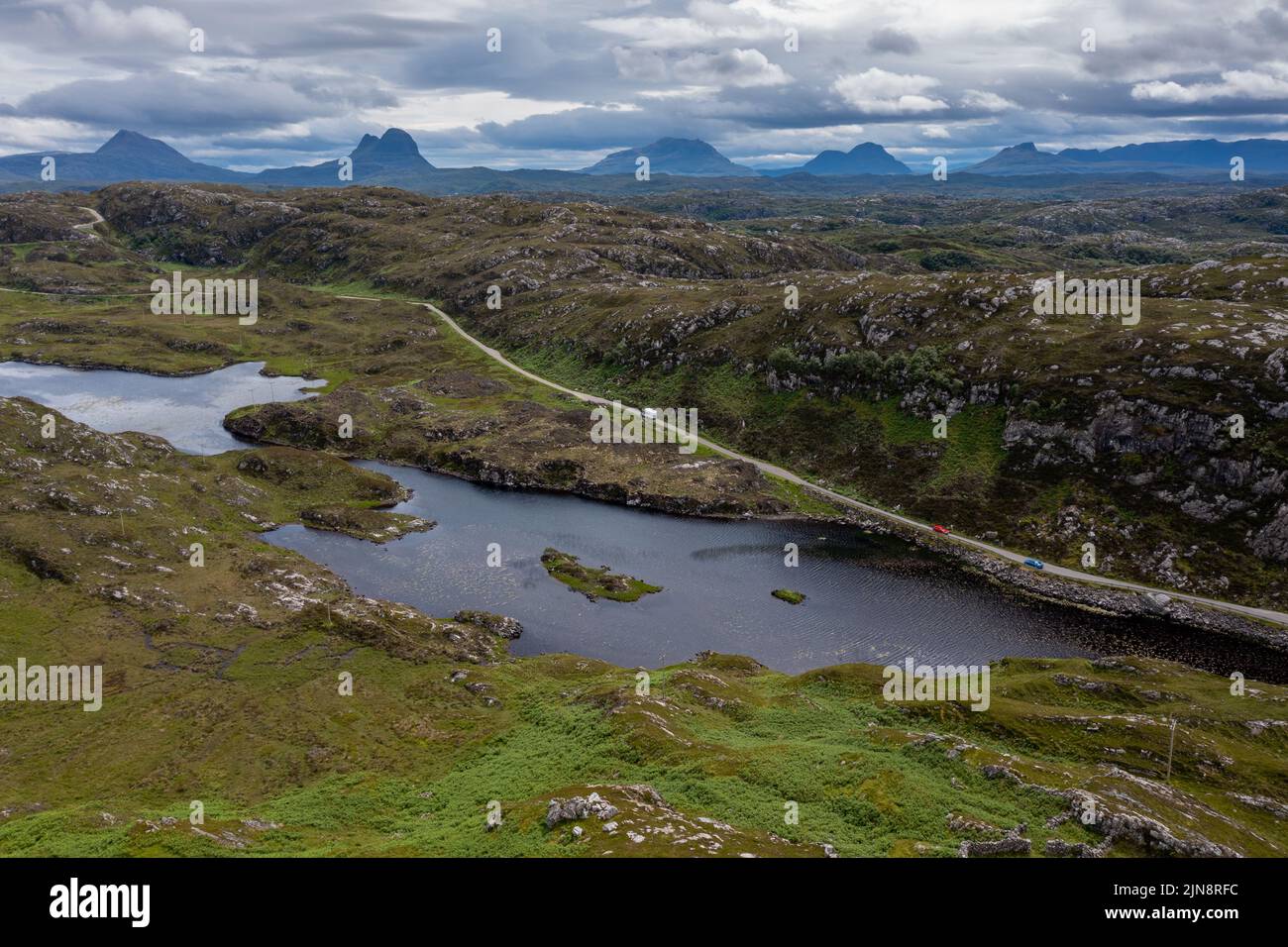drone view of a coastal road and landscape on the North Coast 500 ...