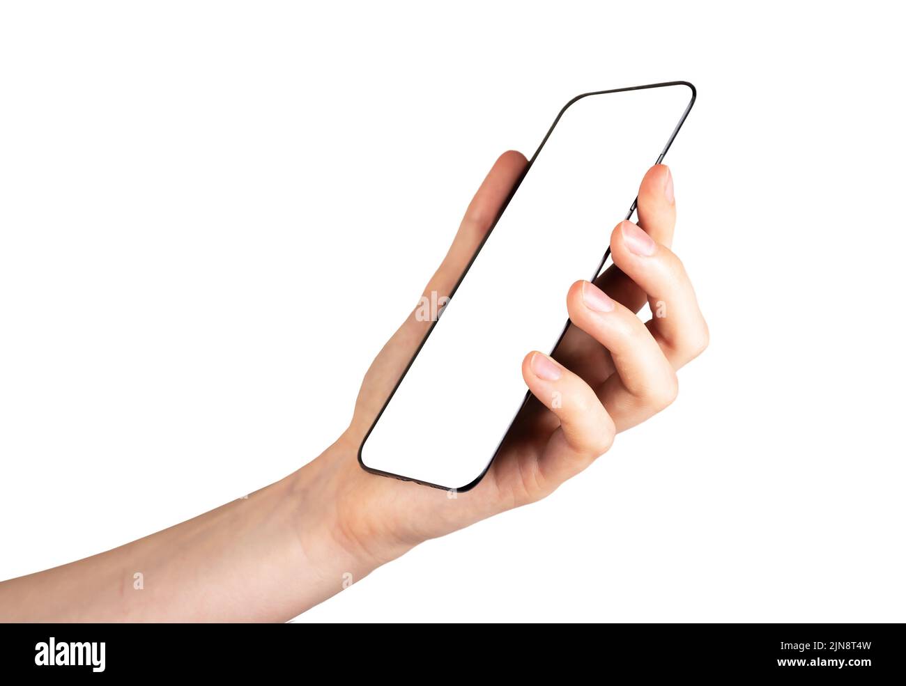 Hand holding phone mockup in angled position isolated on white ...