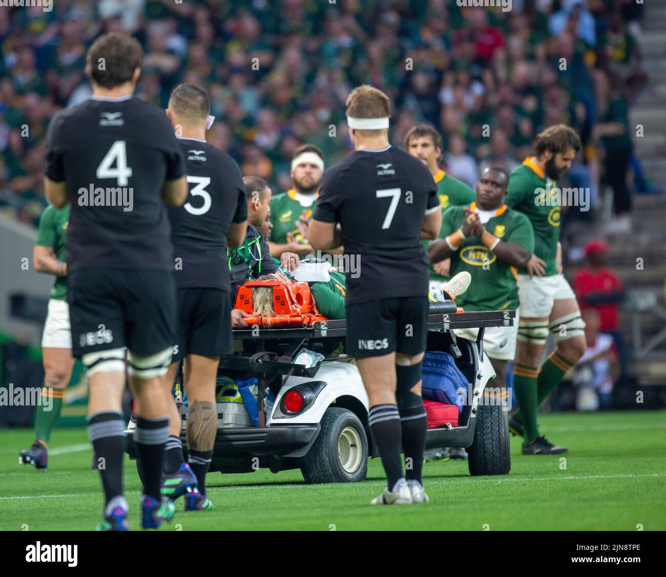 Faf de Klerk is stretchered off with a head injury. 6 August 2022 ...