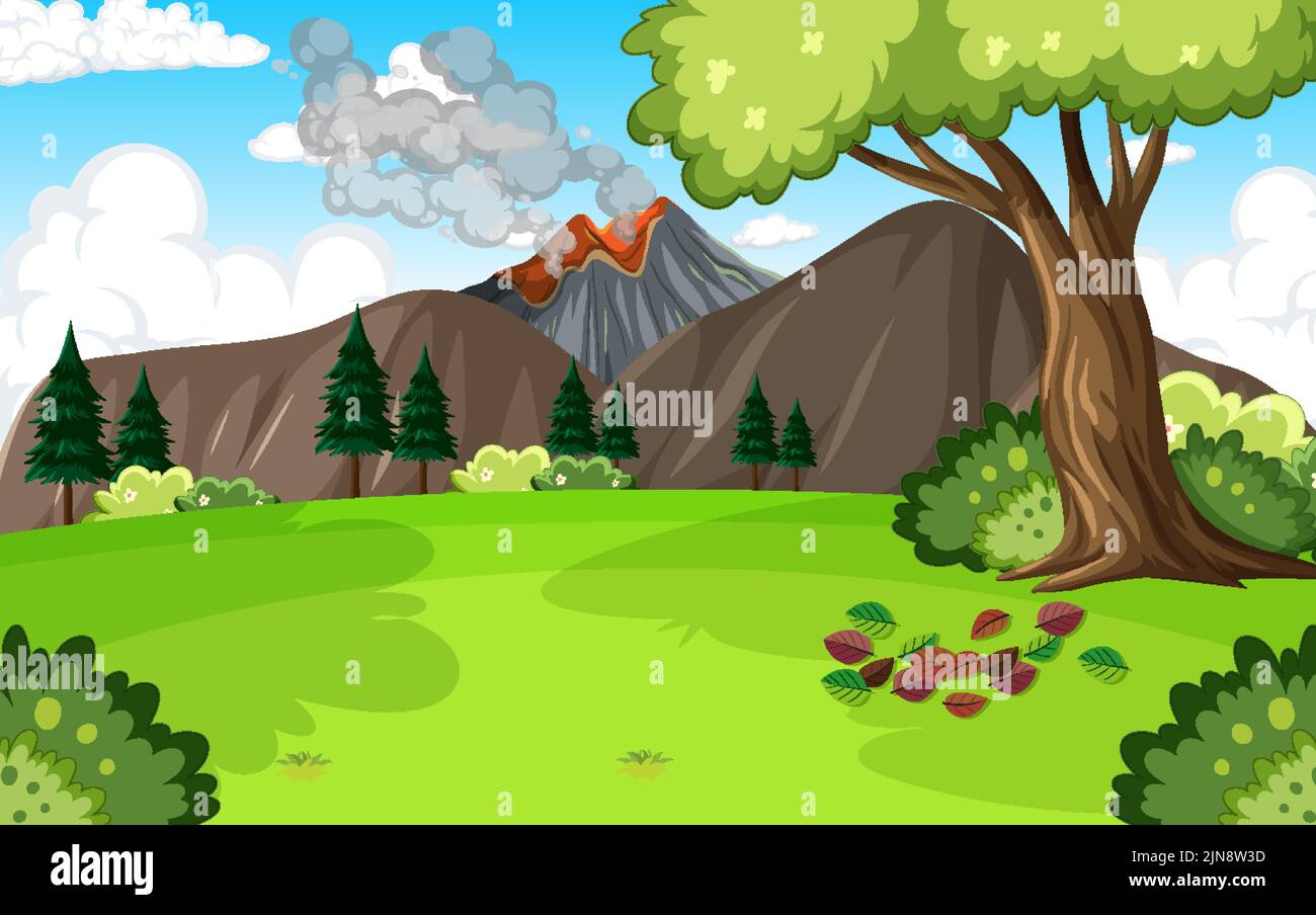 Background scene with volcano and forest illustration Stock Vector ...