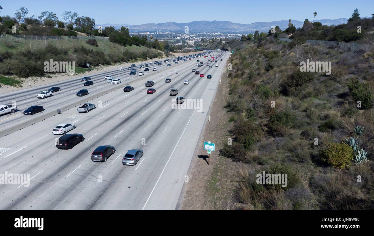 An aerial view of the Interstate 5 freeway with lots of cars in Santa ...