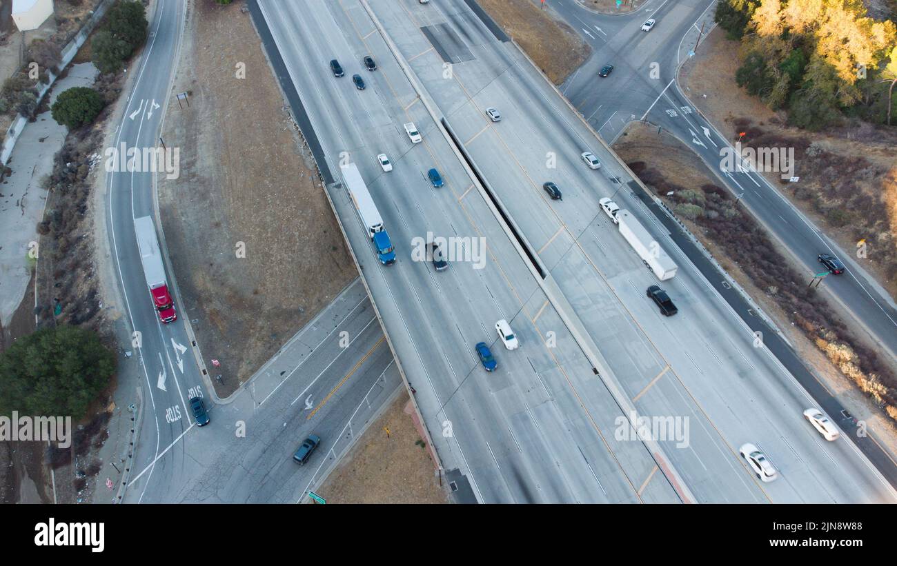 An aerial view of the Interstate 5 freeway with lots of cars in Santa ...