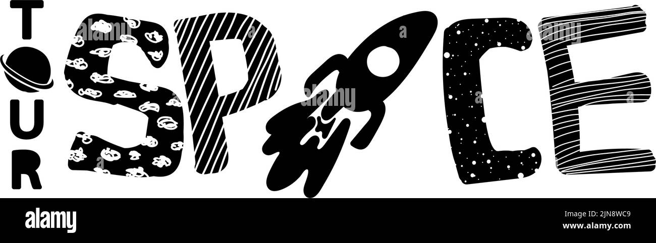 Logo for space tourism. Inscription with a rocket and a planet drawn in ...