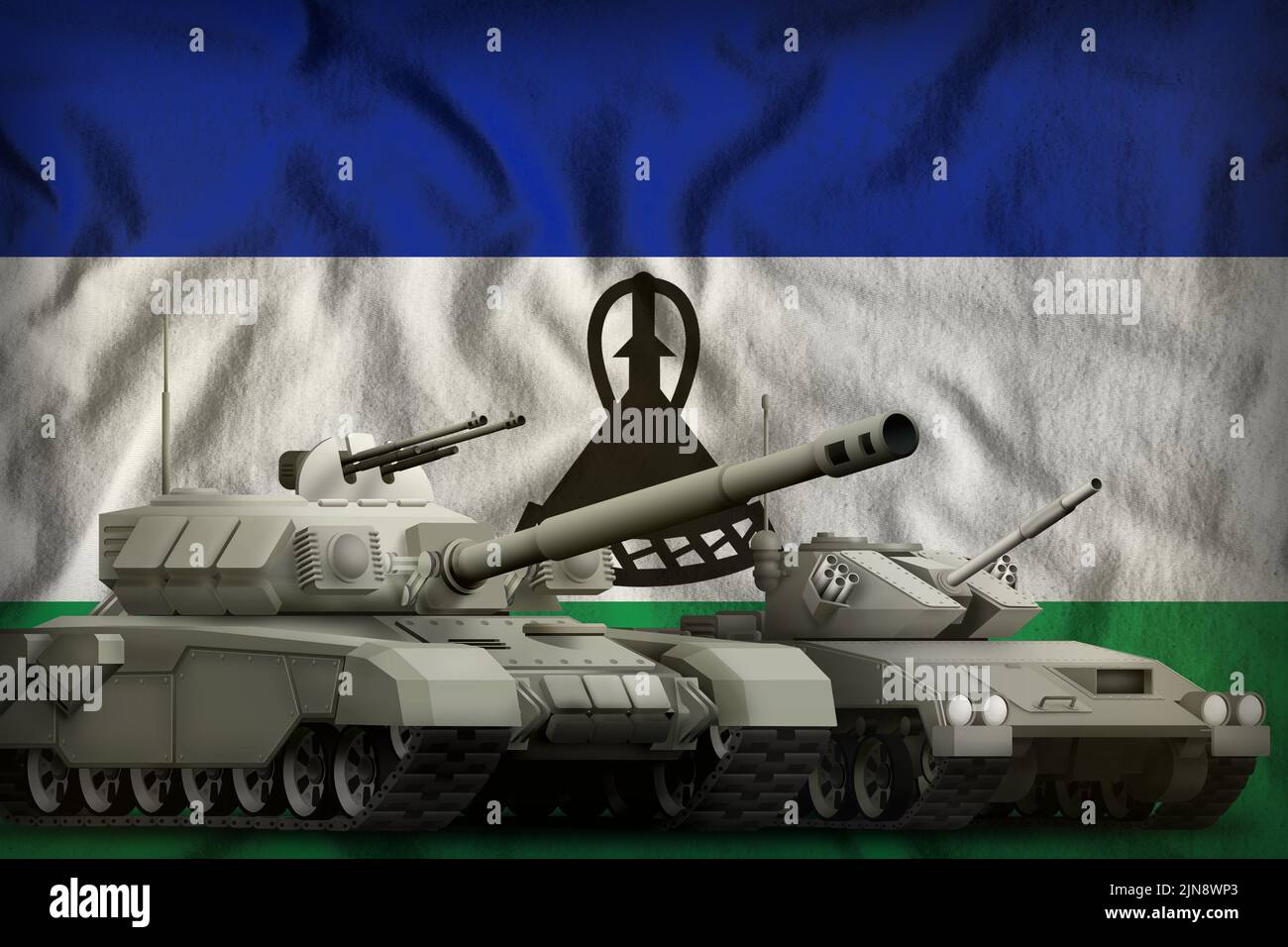 tanks on the Lesotho flag background. Lesotho tank forces concept. 3d ...
