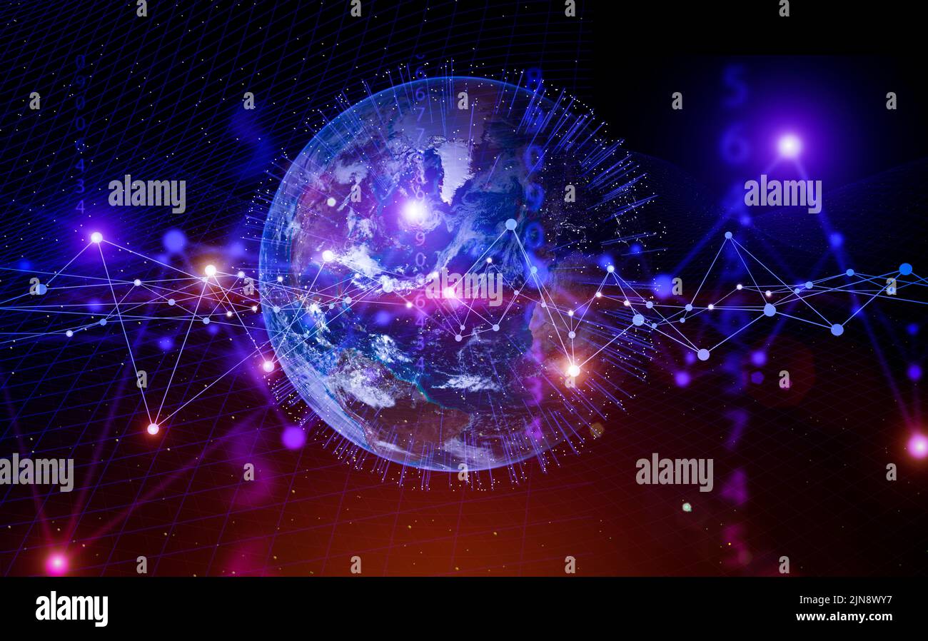 Global technologies data on the world map banner background. 3d ...