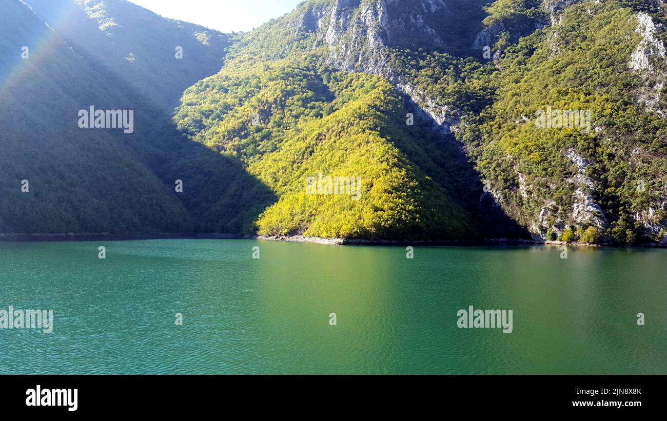 Lake Koman is a reservoir on the Drin River in northern Albania ...