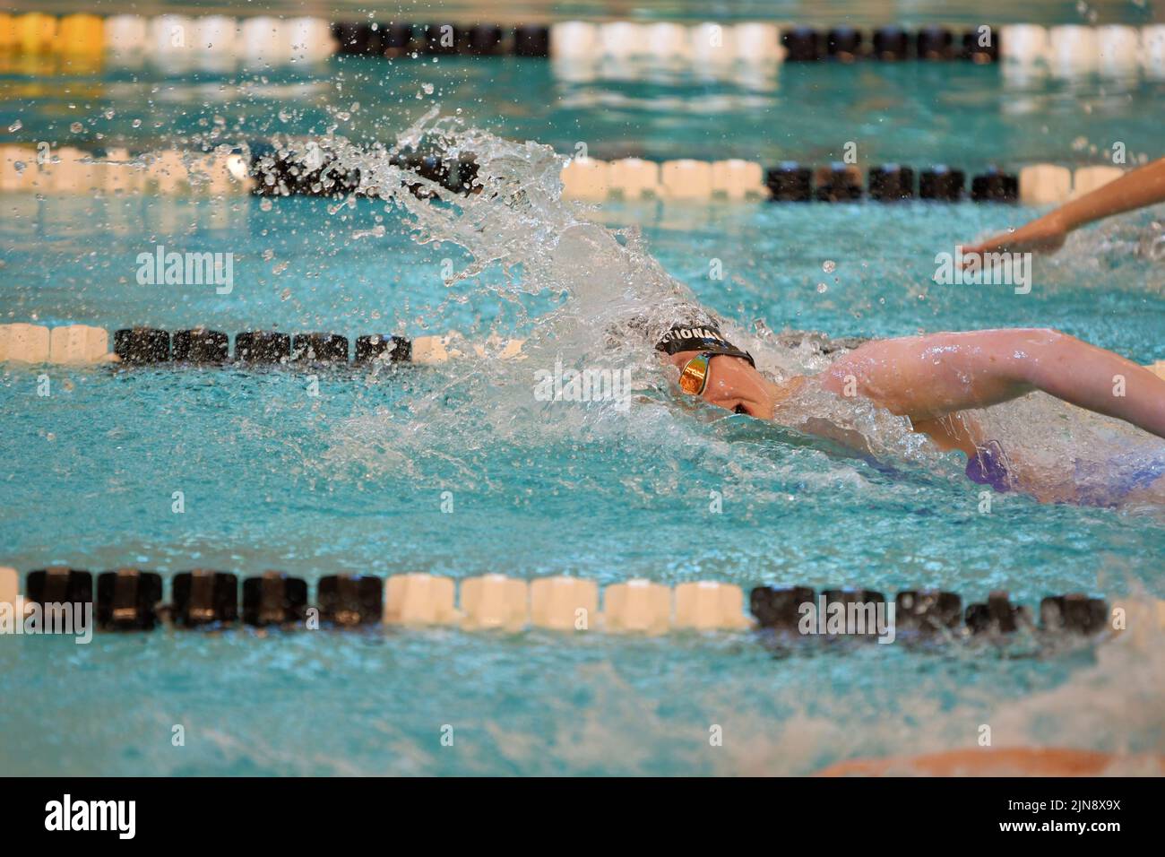 A closeup of a professional swimmer swimming in the pool during a ...