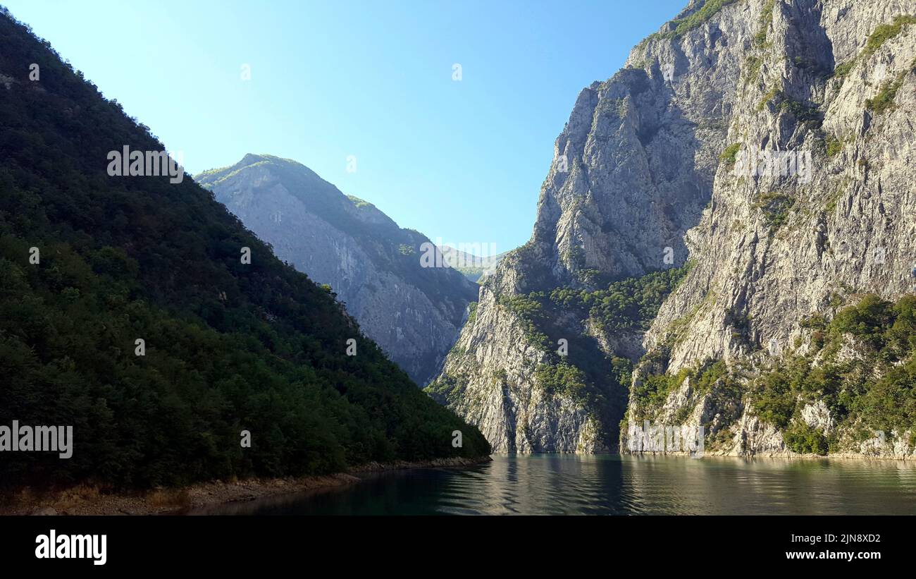 Lake Koman is a reservoir on the Drin River in northern Albania ...