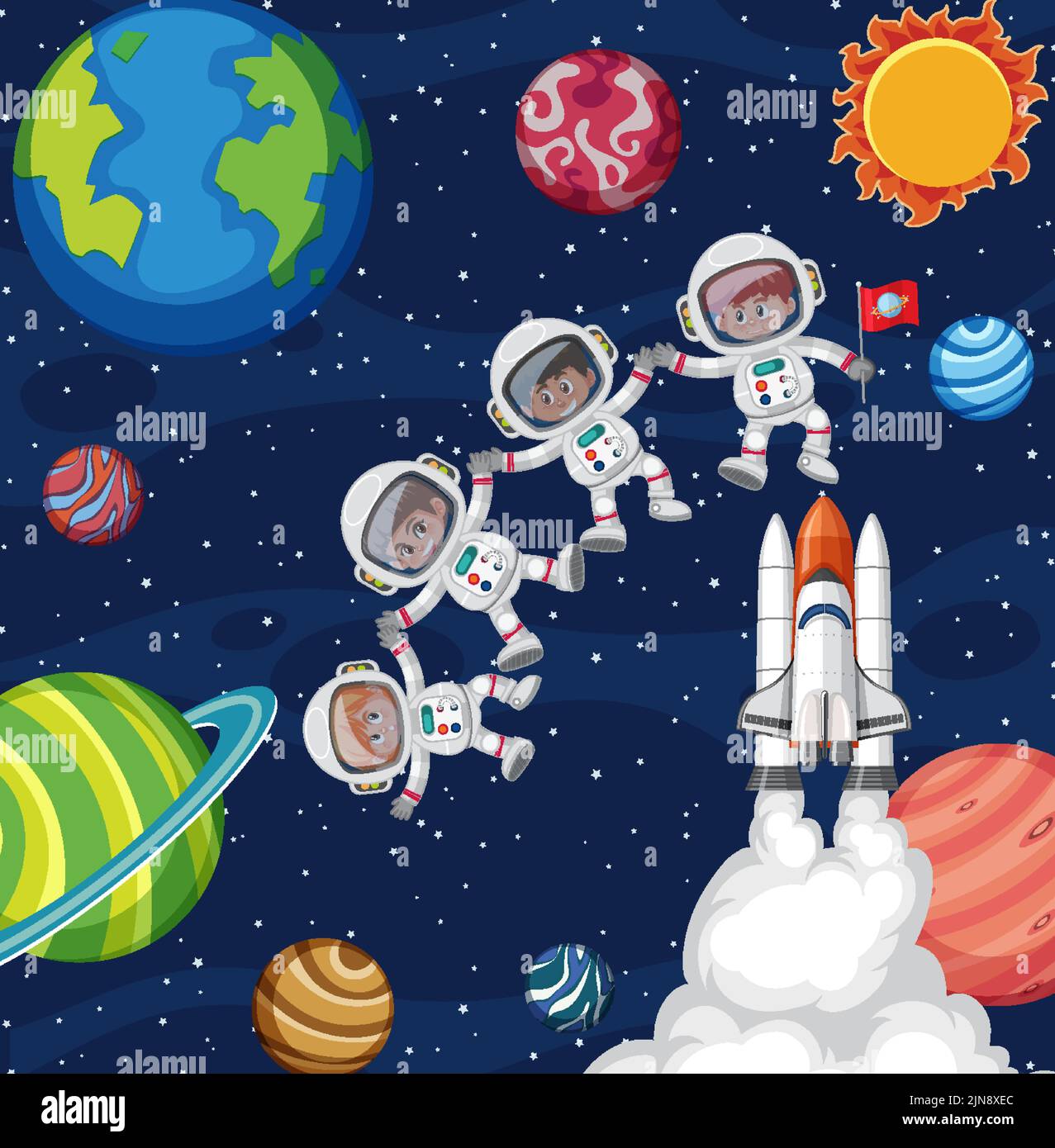 Cartoon space background with astronauts illustration Stock Vector ...