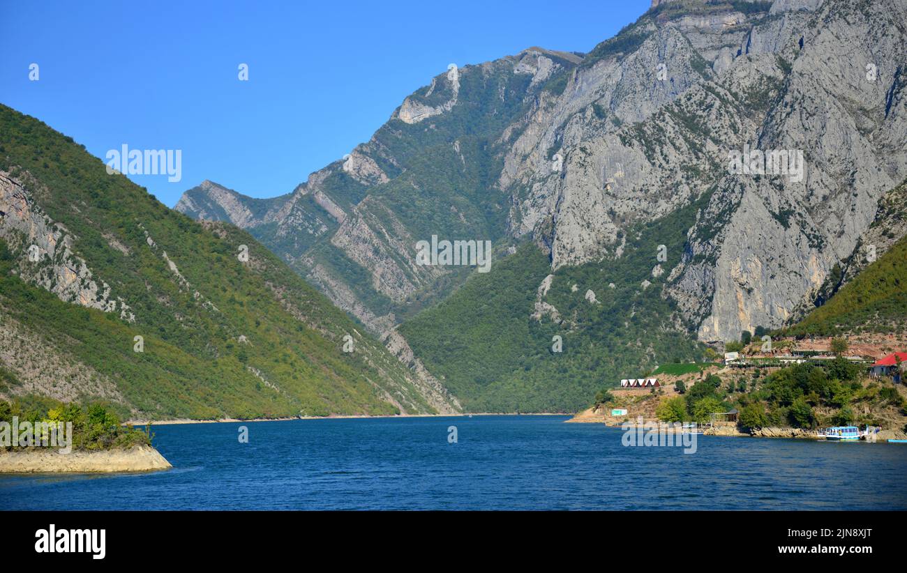 Lake Koman is a reservoir on the Drin River in northern Albania ...