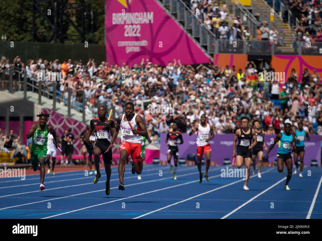 Ojie Edoburun of England competing in the men’s 100m relay final at the Commonwealth Games at ...