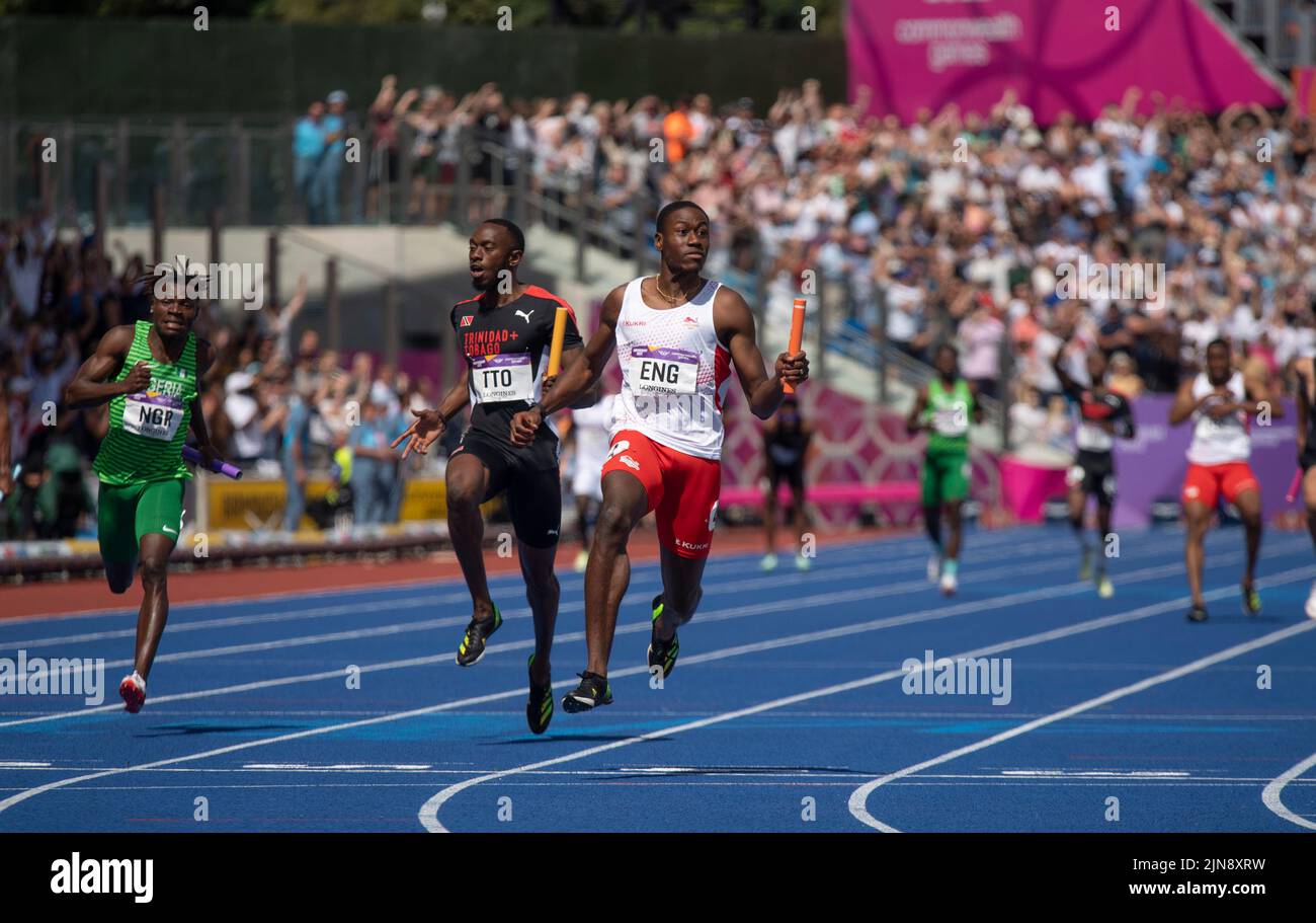 Ojie Edoburun of England competing in the men’s 100m relay final at the Commonwealth Games at ...
