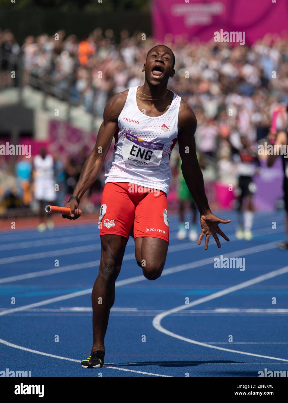 Ojie Edoburun of England competing in the men’s 100m relay final at the ...