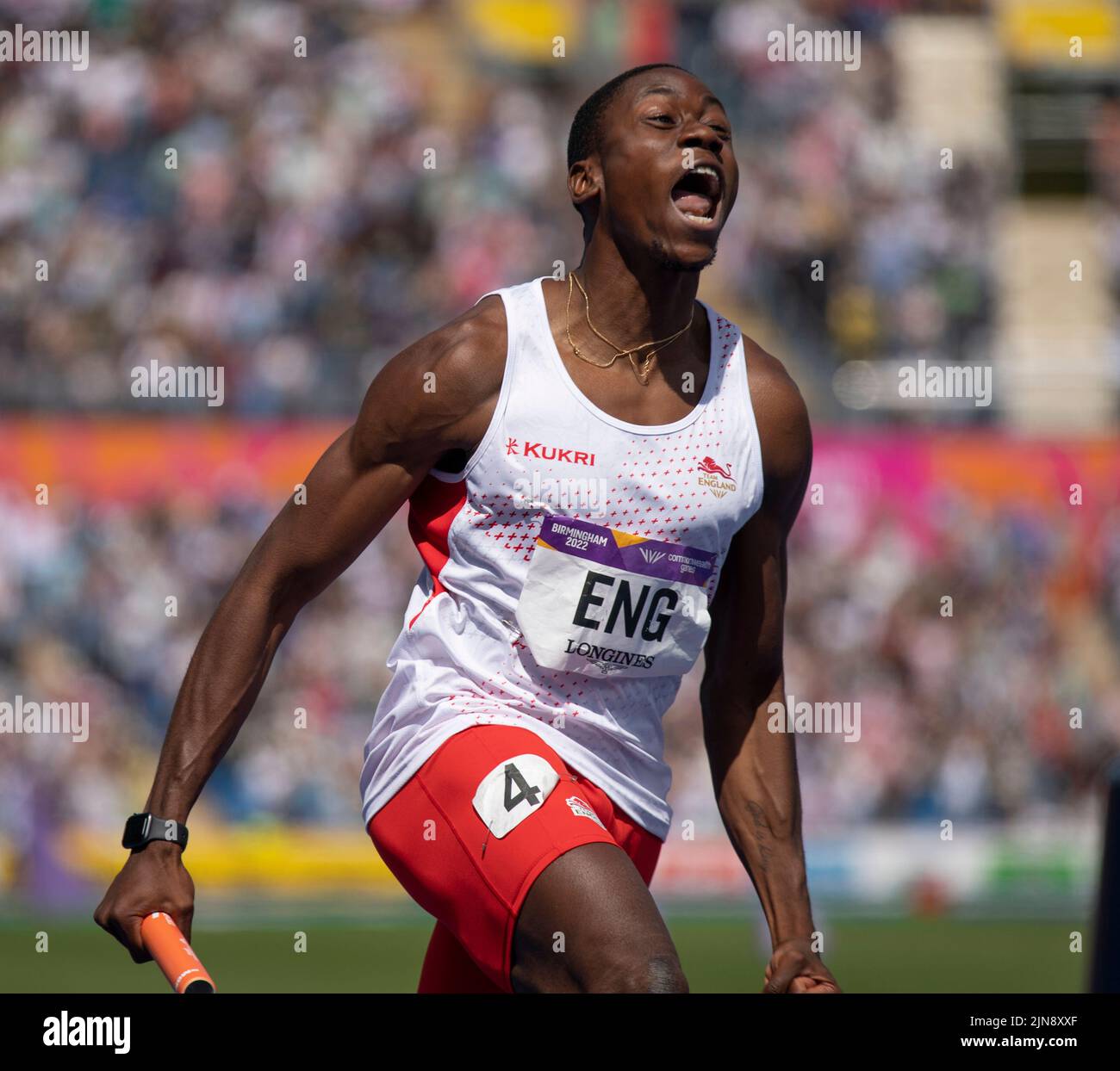 Ojie Edoburun of England competing in the men’s 100m relay final at the Commonwealth Games at ...