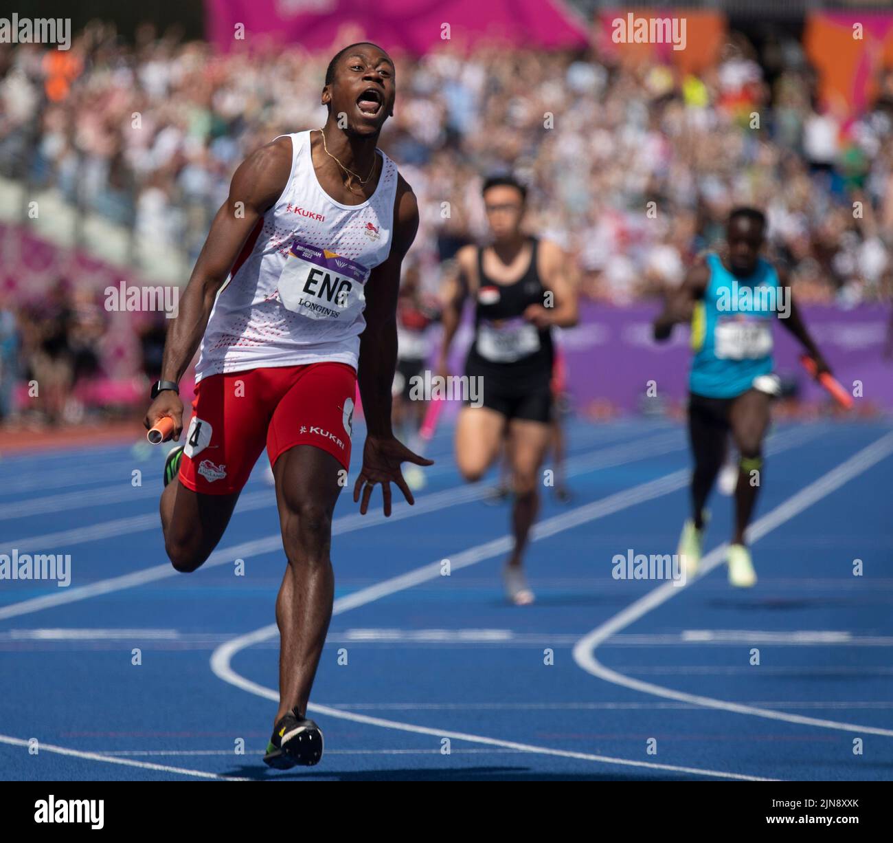 Ojie Edoburun of England competing in the men’s 100m relay final at the Commonwealth Games at ...