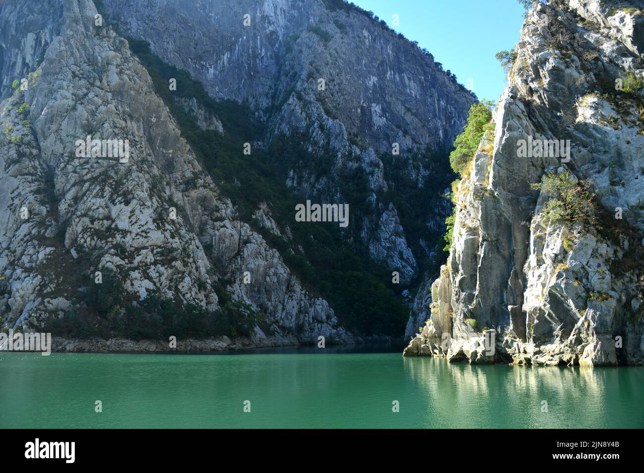 Lake Koman is a reservoir on the Drin River in northern Albania ...