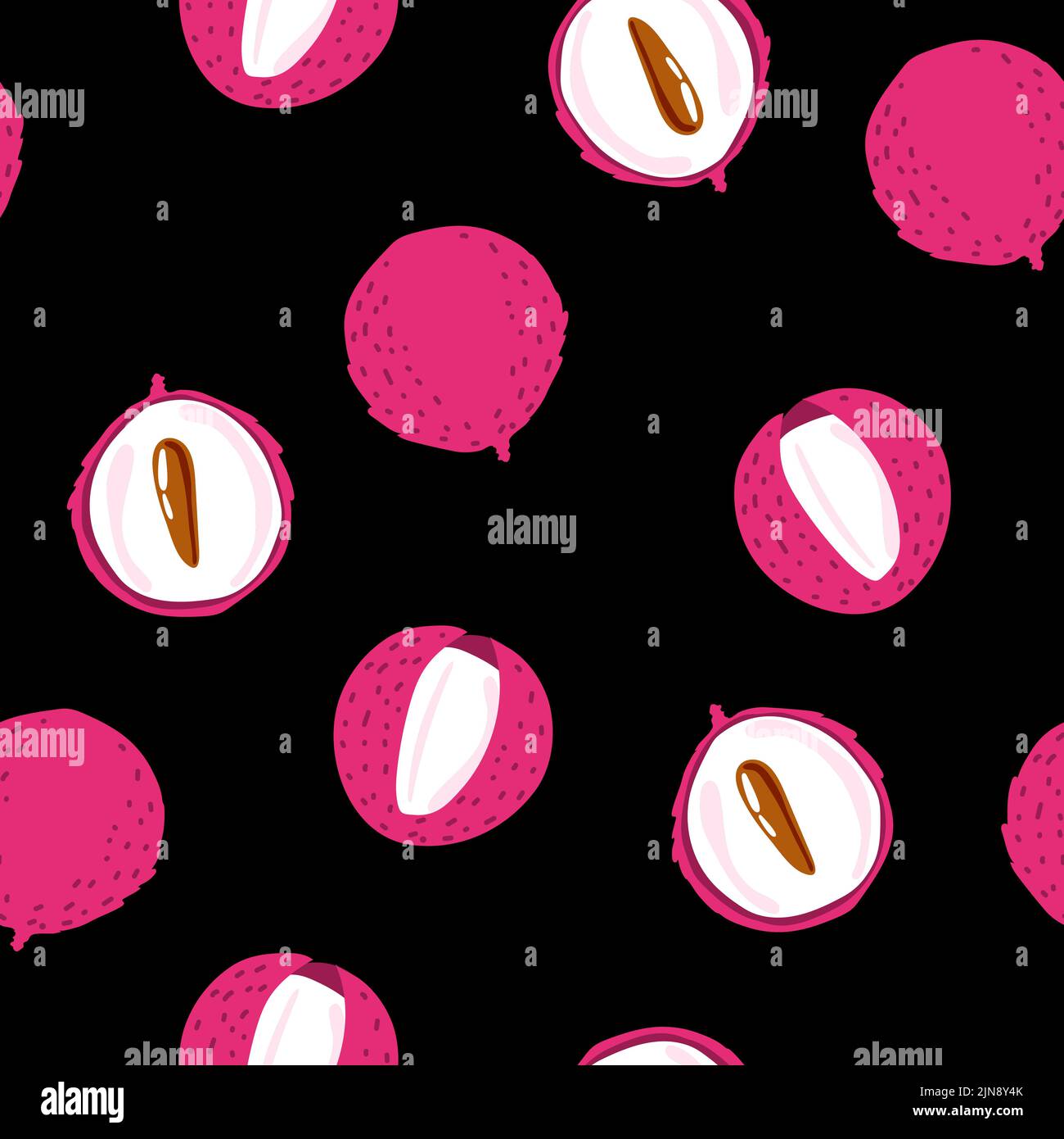 Seamless drawing of an exotic litchi fruit in whole and in halves, hand ...