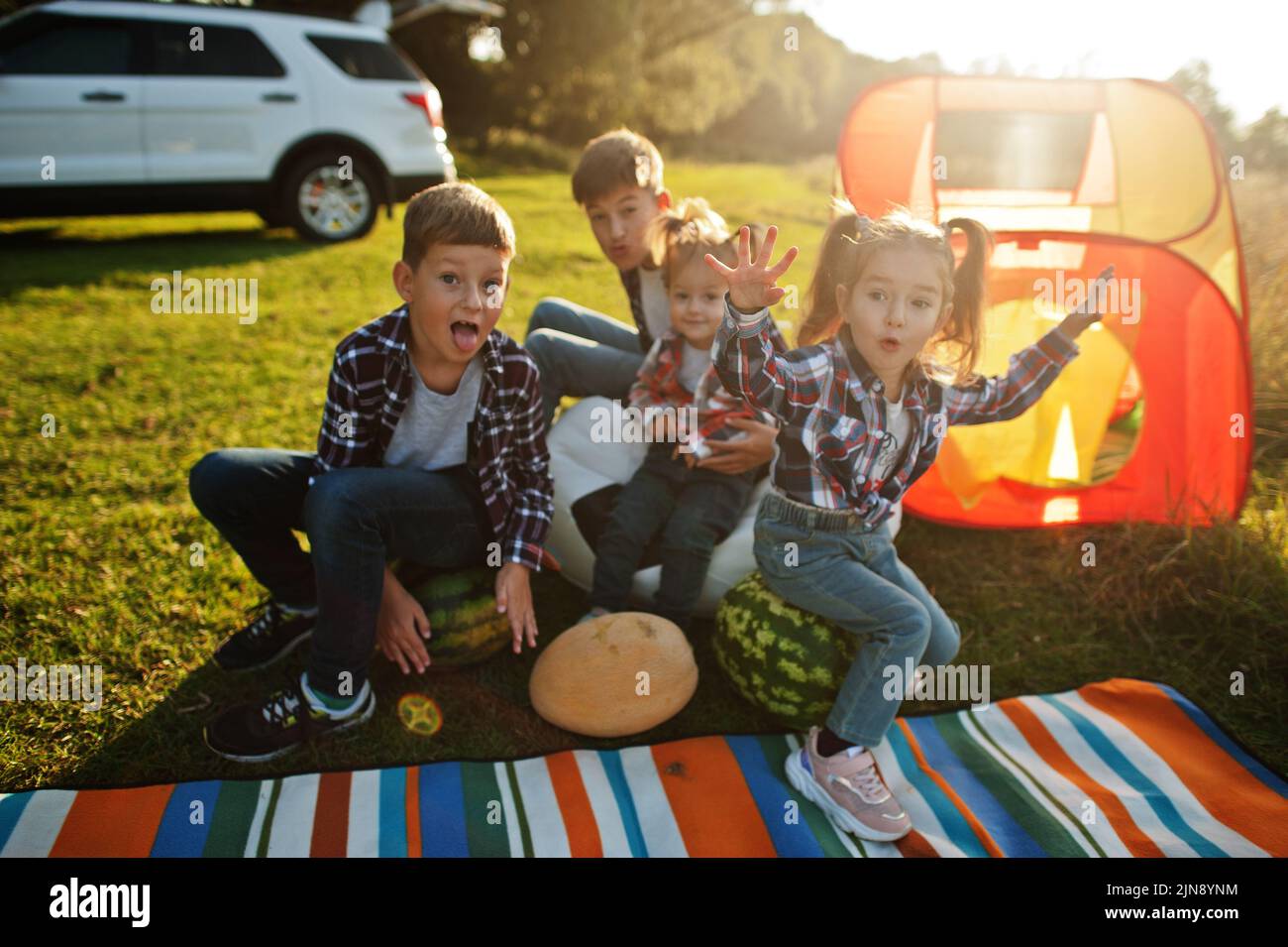 Four kids spending time together. Outdoor picnic blanket, sitting with ...