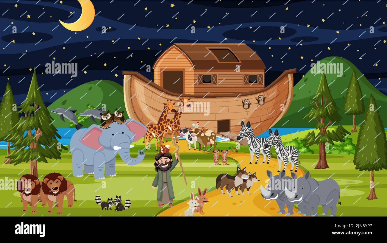 Forest scene with Noah's ark with animals illustration Stock Vector ...