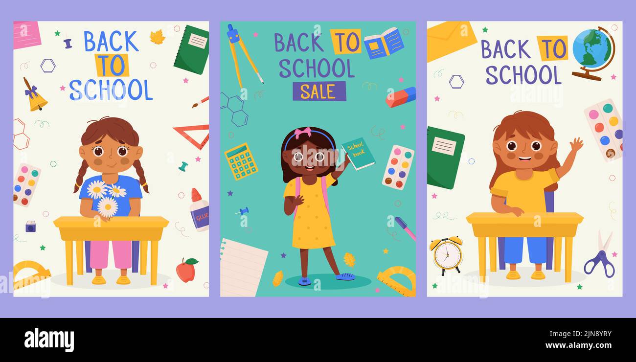 Set of Back to school banner design with colorful funny school ...