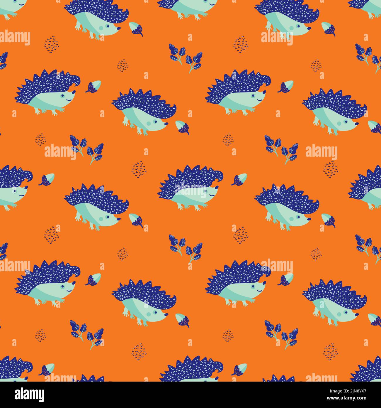 Cute vector spiky, prickly, hedgehog, acorn and oak leaves background ...