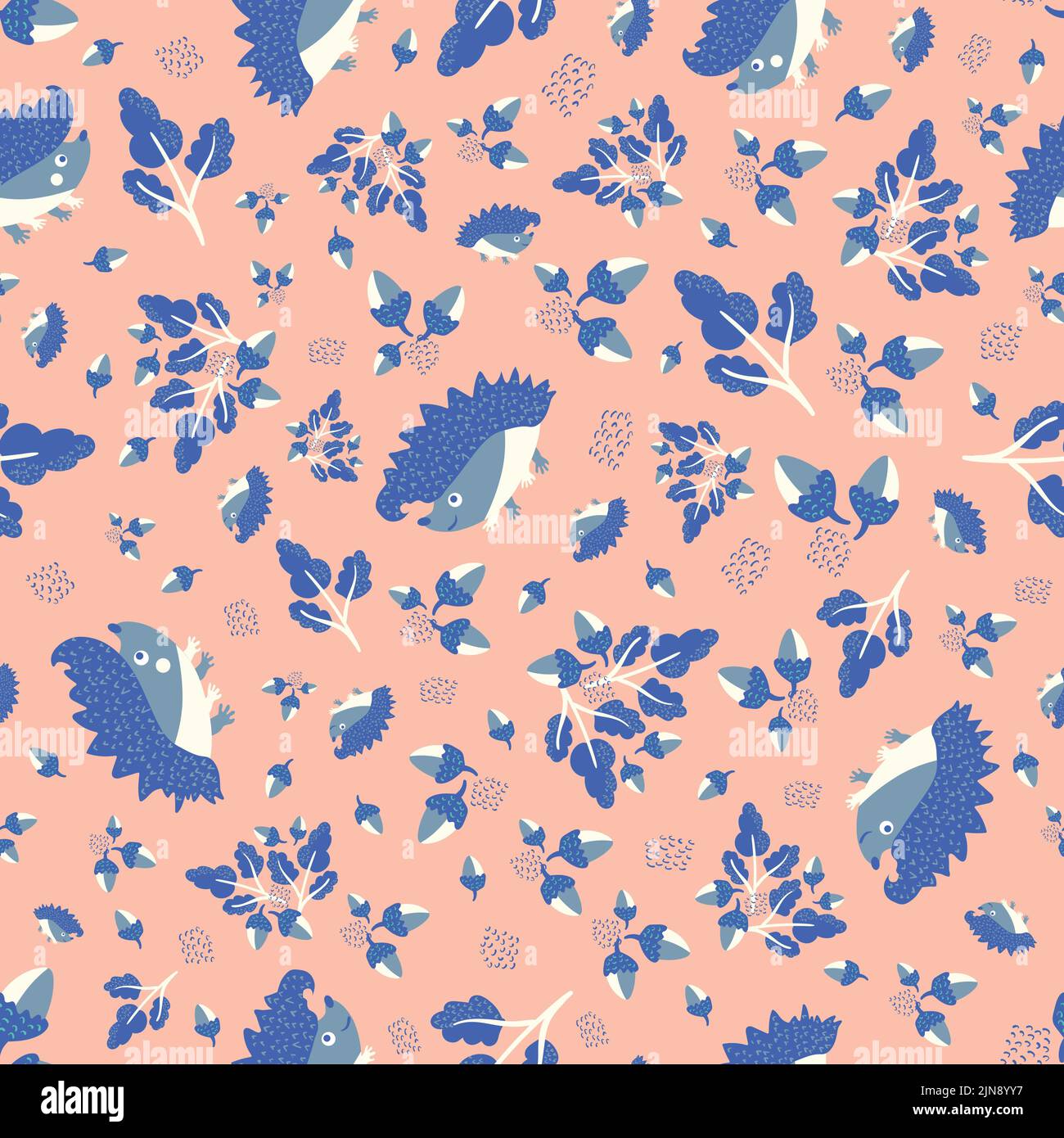 Cute vector spiky, prickly, hedgehog, acorn and oak leaves background ...