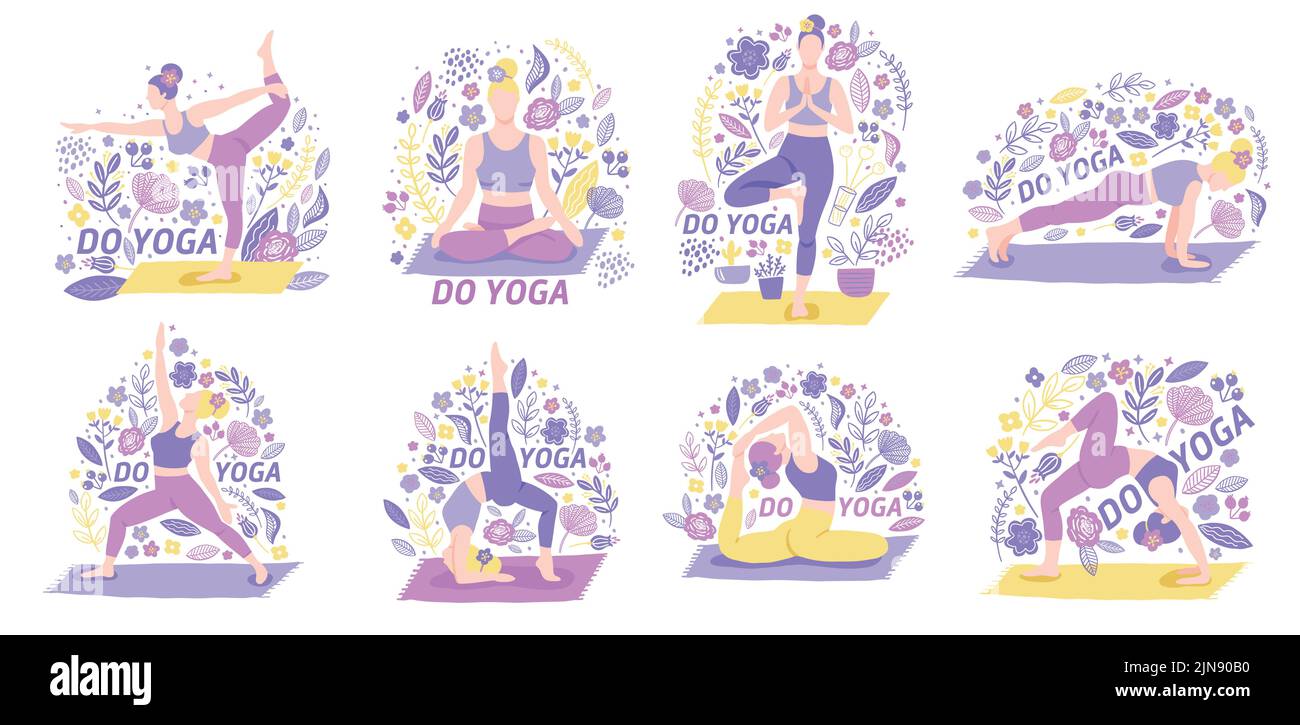 Yoga set girls in doodle style. cute cartoon illustrations hand-drawn ...