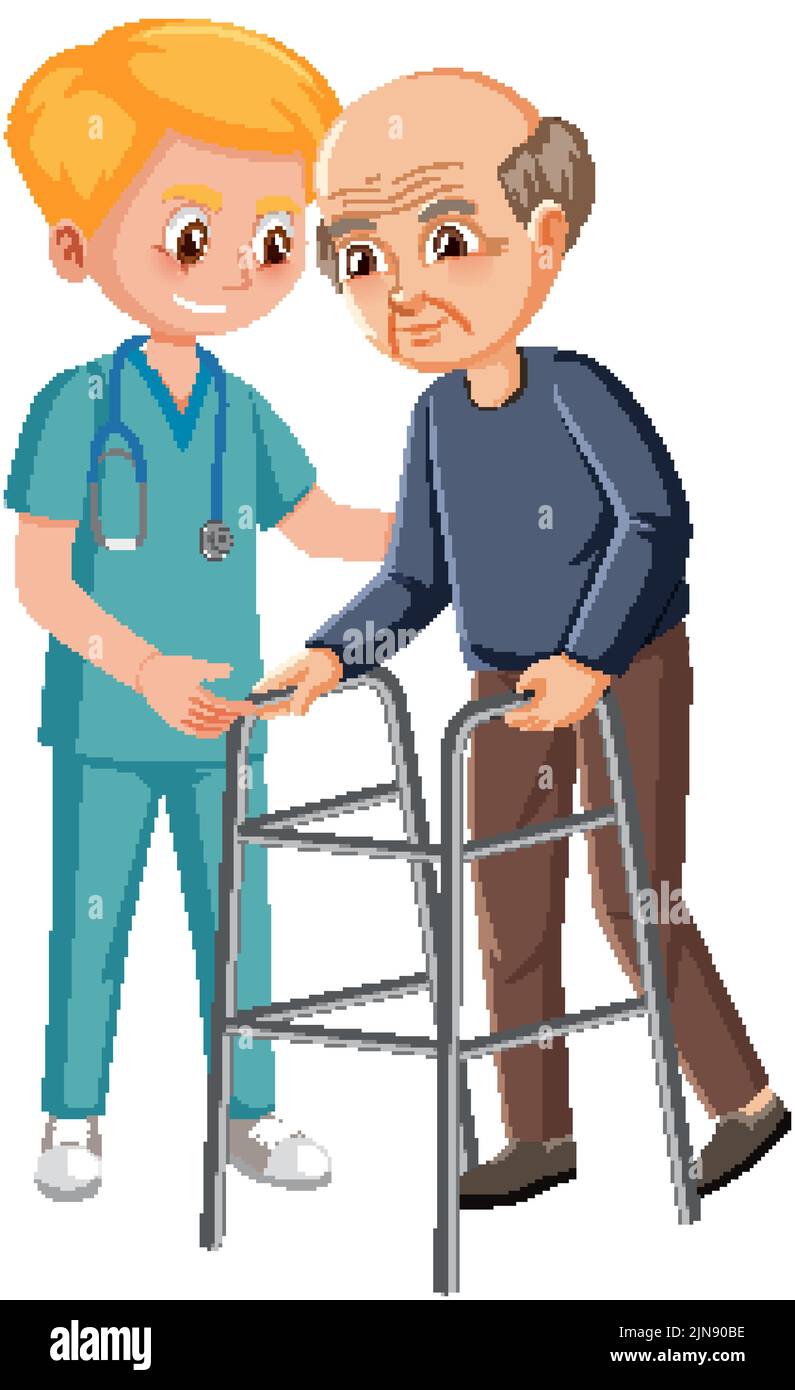 Elderly man with walker and nurse man illustration Stock Vector Image ...