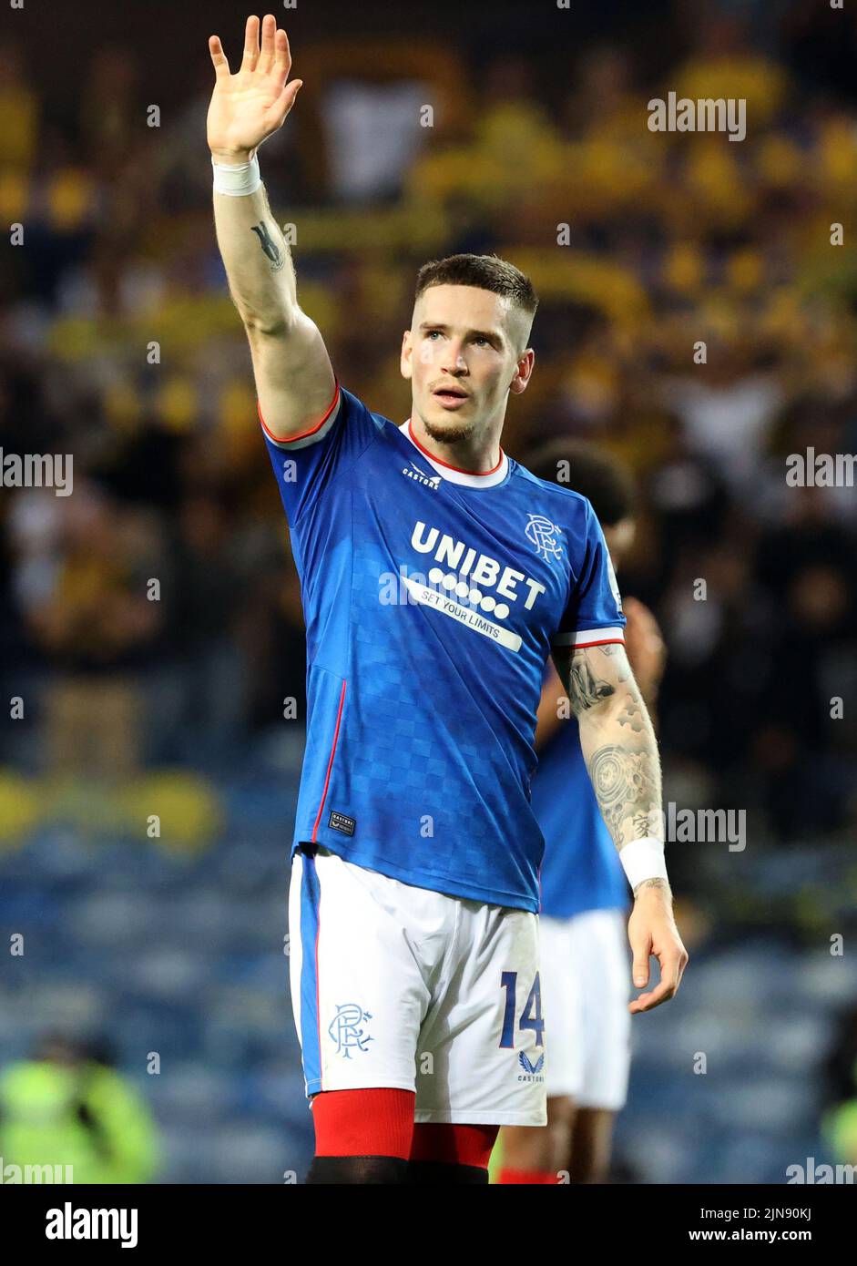 Rangers' Ryan Kent salutes the fans after the UEFA Champions League ...