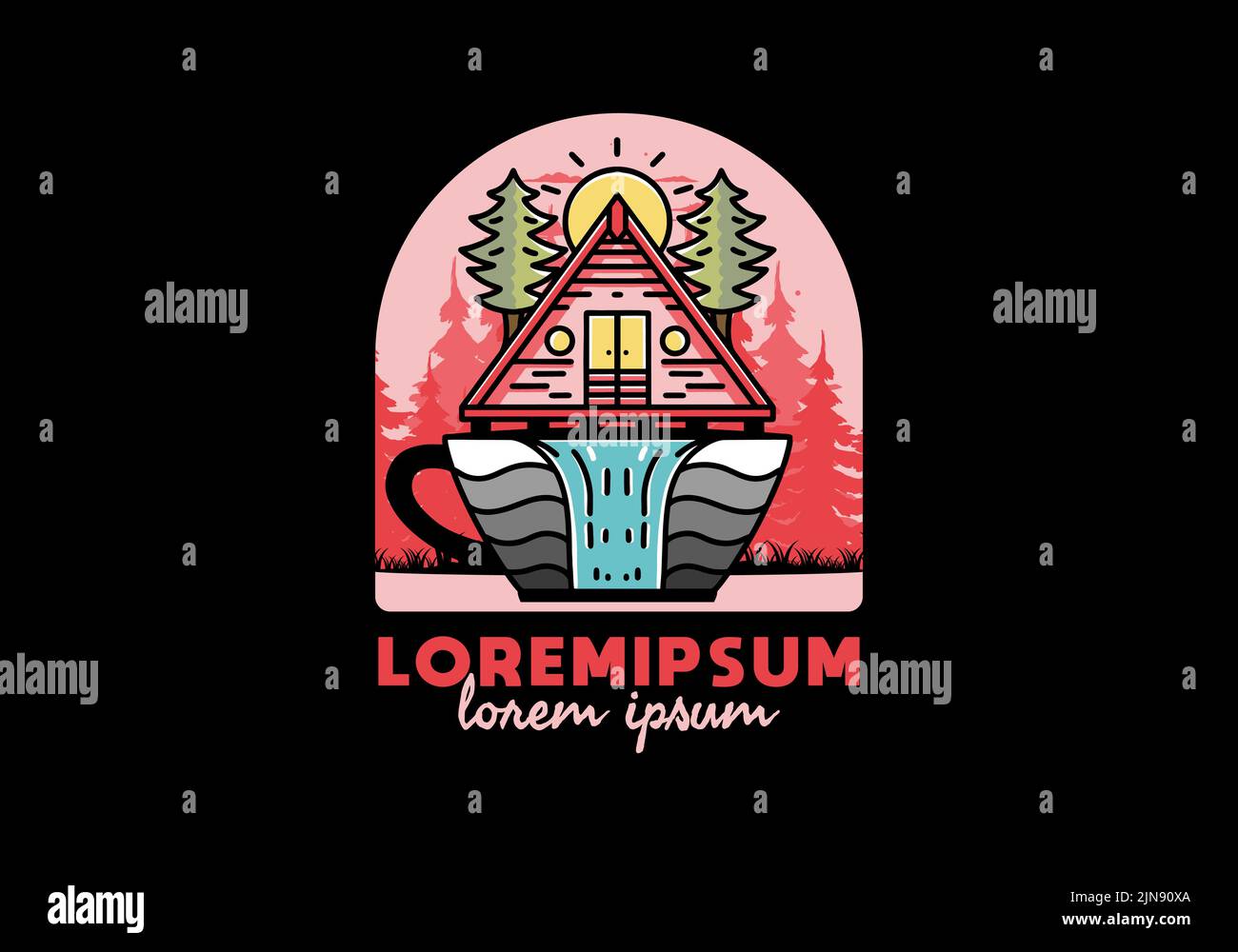 Illustration badge design of a Wood cabin and pine trees on the coffee ...
