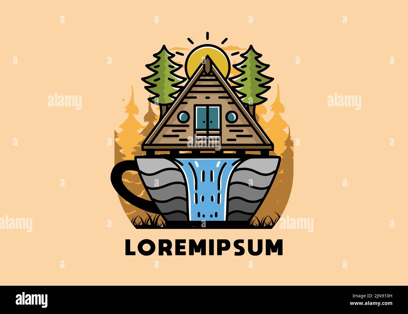 Illustration badge design of a Wood cabin and pine trees on the coffee ...